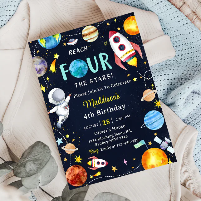 Outer Space Reach FOUR the Stars 4th Birthday Moon Invitation | Zazzle