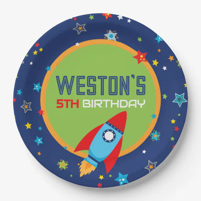 Outer Space Rocket Birthday Party Paper Plates | Zazzle