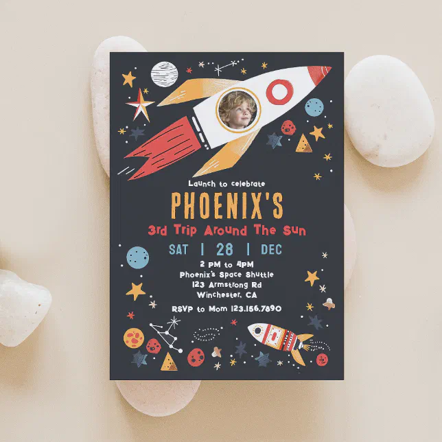 Outer Space Rocket Birthday Photo Invitation | Zazzle