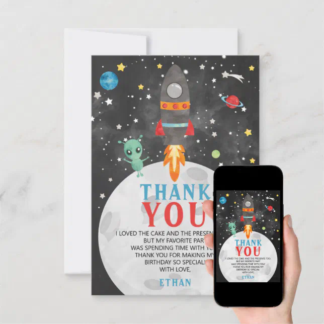 Outer Space Rocket Birthday Thank You Card | Zazzle