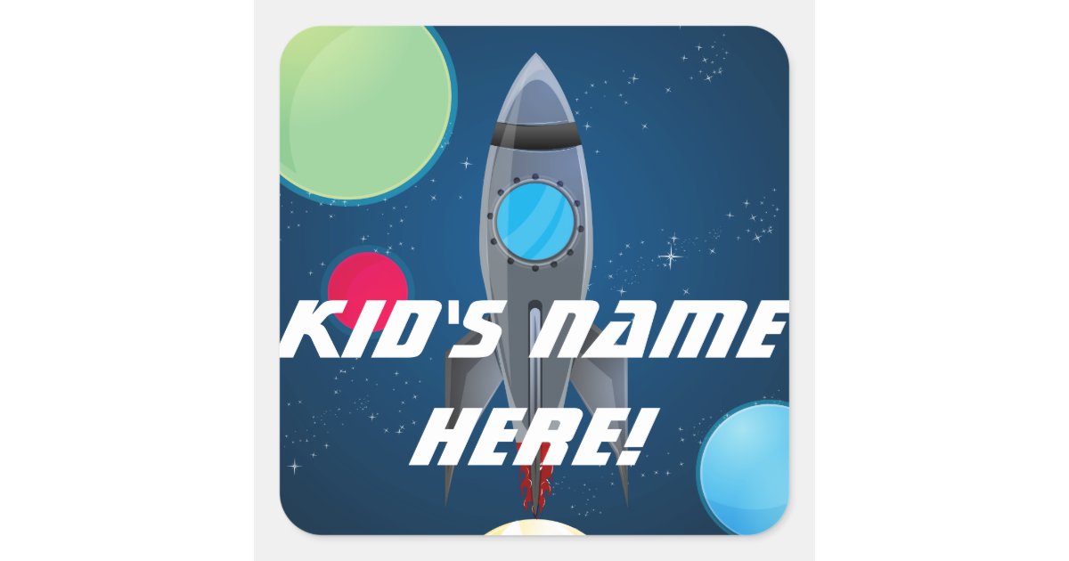 Outer Space Rocket Custom Name School Classrom Square Sticker | Zazzle