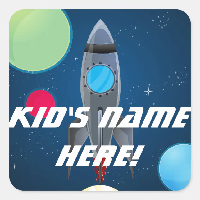Outer Space Rocket Custom Name School Classrom Square Sticker | Zazzle