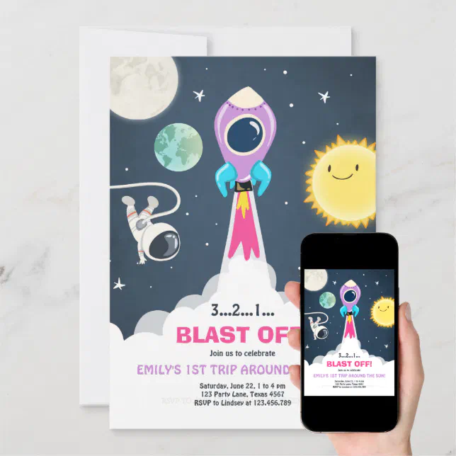 Outer Space Rocket Girl Pink Birthday Invitation | Zazzle