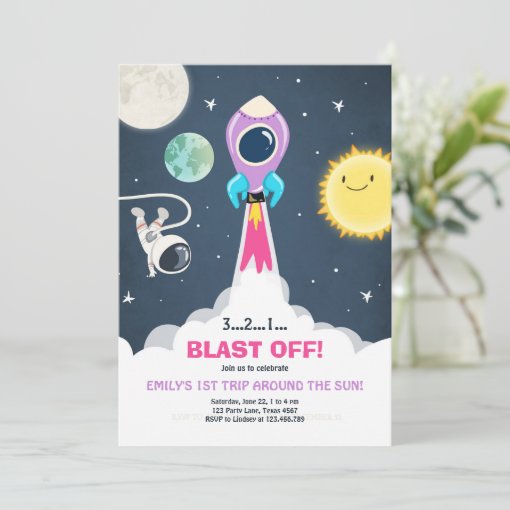 Outer Space Rocket Girl Pink Birthday Invitation | Zazzle