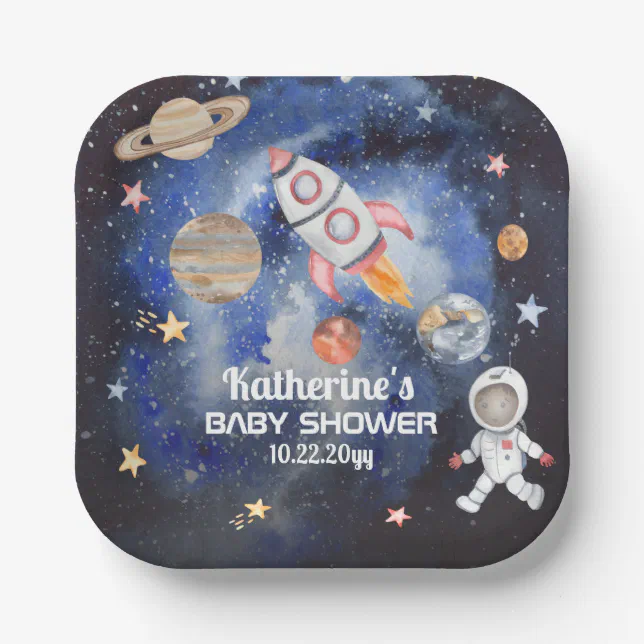 Outer Space Rocket Planets Boy Baby Shower Paper Plates | Zazzle