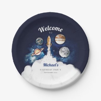 Outer Space Rocket Planets Galaxy Paper Plates | Zazzle