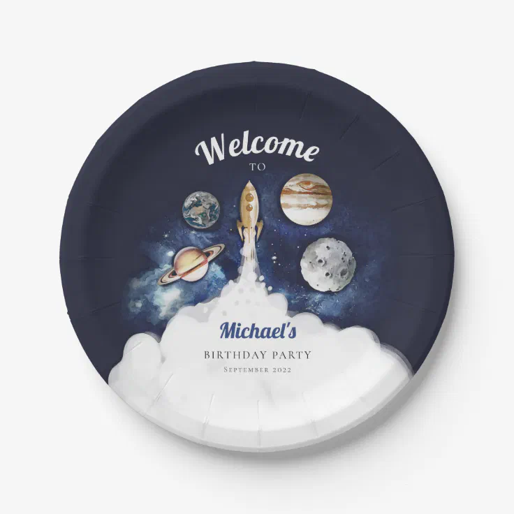 Outer Space Rocket Planets Galaxy Paper Plates | Zazzle