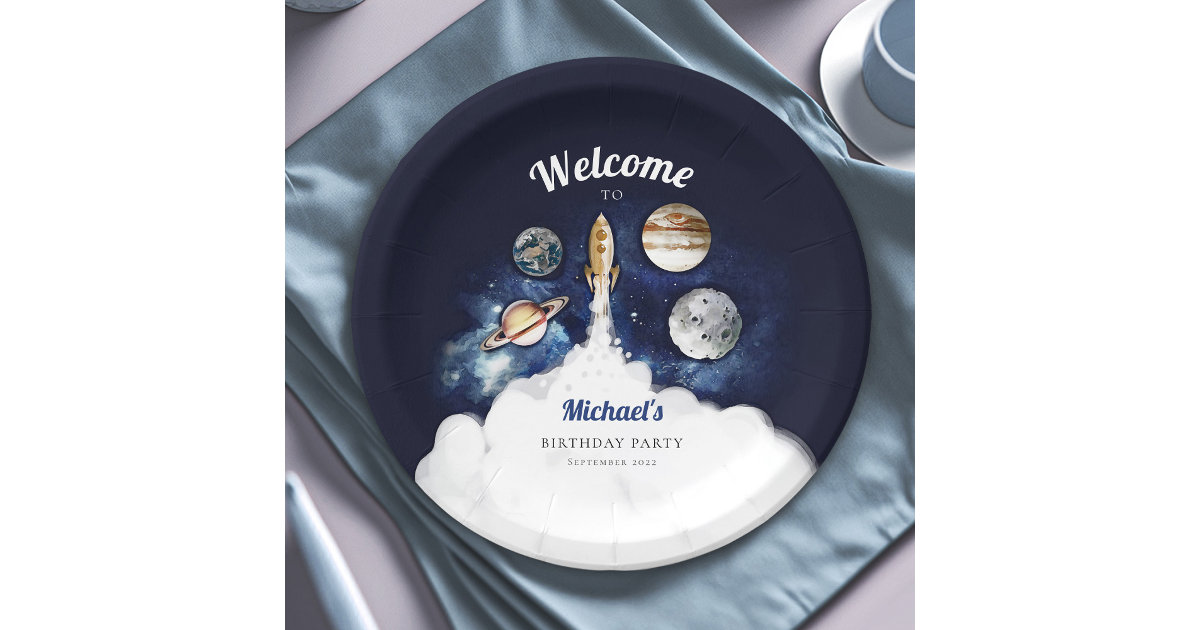 Outer Space Rocket Planets Galaxy Paper Plates | Zazzle