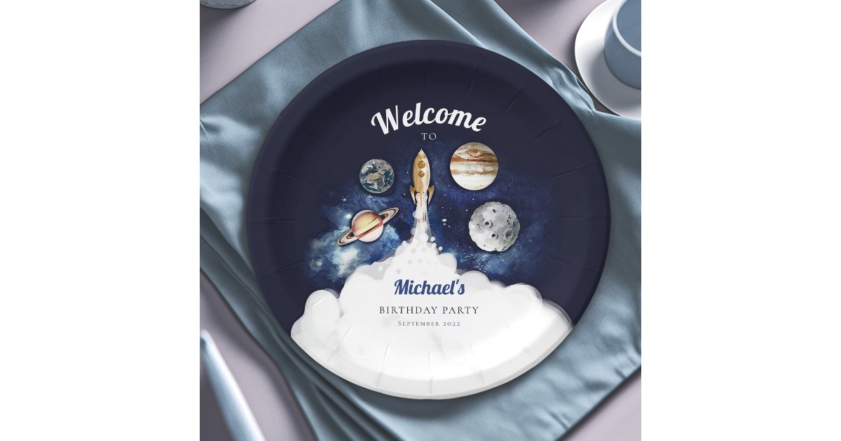 Outer Space Rocket Planets Galaxy Paper Plates | Zazzle