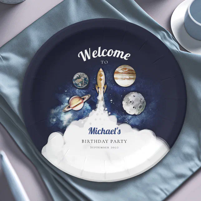 Outer Space Rocket Planets Galaxy Paper Plates | Zazzle