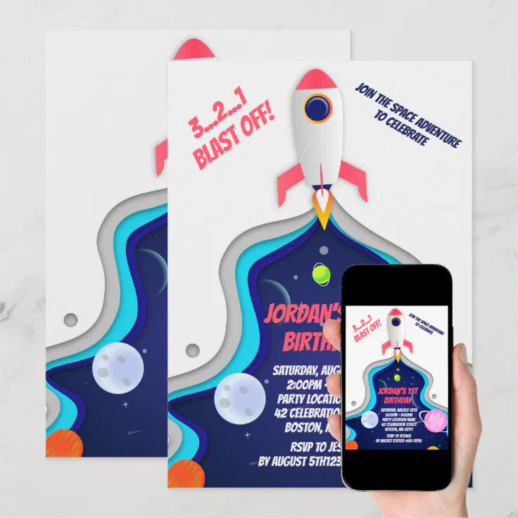 Outer Space Rocket Ship Birthday Party Invitation | Zazzle