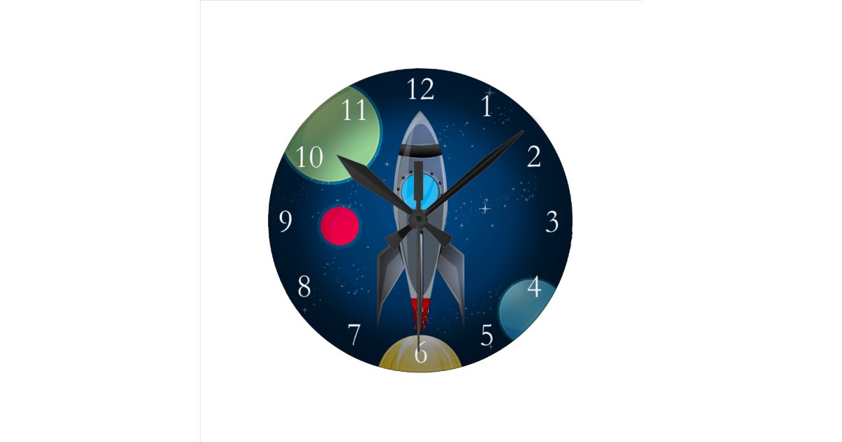 Outer Space Rocket Ship Round Clock | Zazzle.com