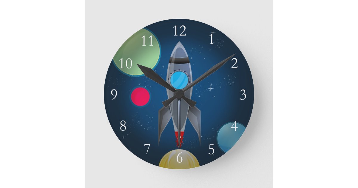 Outer Space Rocket Ship Round Clock | Zazzle