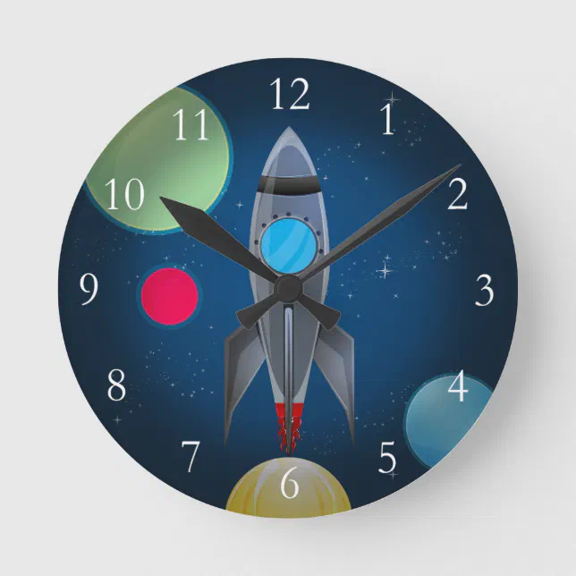 Outer Space Rocket Ship Round Clock | Zazzle