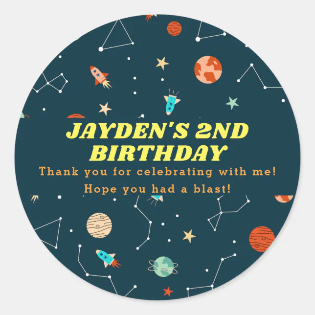 Outer Space Rockets Planets Birthday Thank You Classic Round Sticker ...