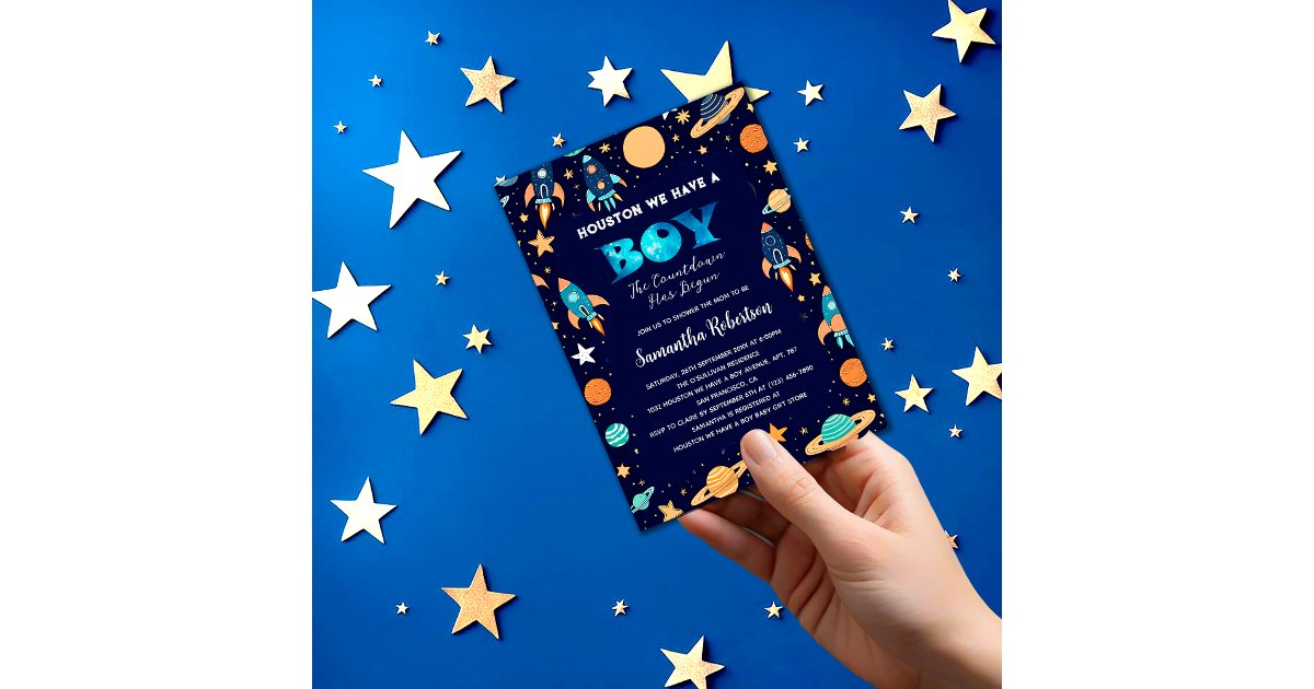 Outer Space Rockets Planets Navy Blue Baby Shower Invitation | Zazzle