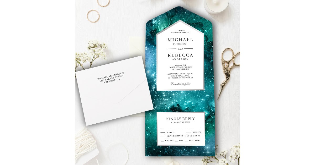 Outer Space Starry Universe Teal Galaxy Wedding All In One Invitation ...