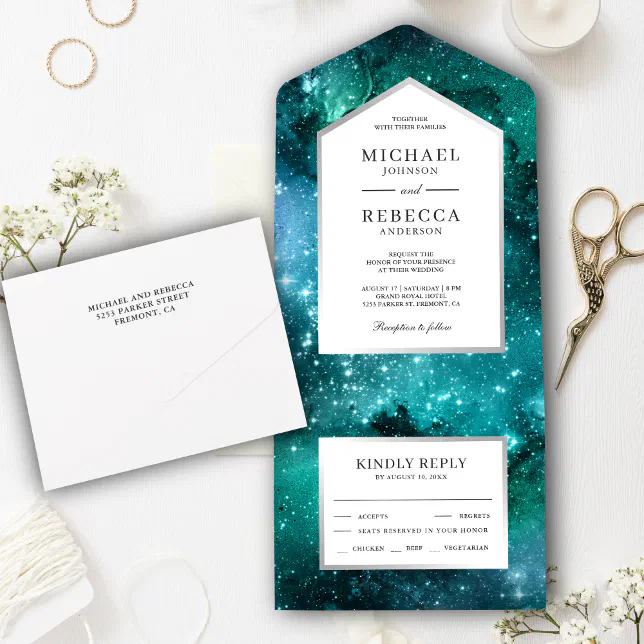 Outer Space Starry Universe Teal Galaxy Wedding All In One Invitation ...