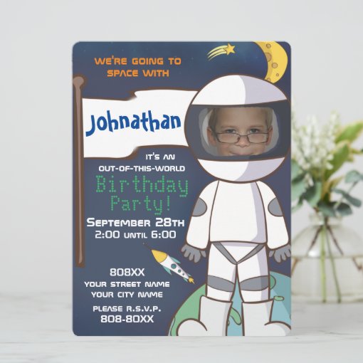 Outer Space Theme with Astronaut Custom Photo Invitation | Zazzle