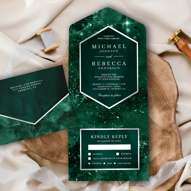 Outer Space Universe Emerald Green Galaxy Wedding All In One Invitation ...