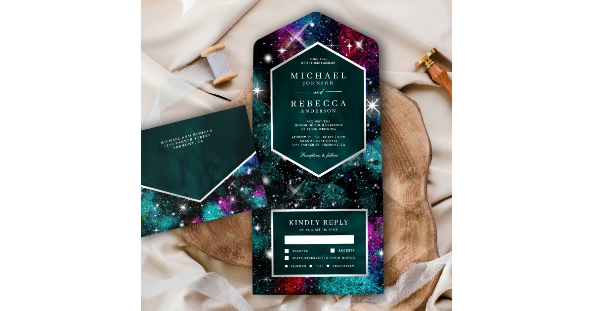 Outer Space Universe Teal Red Pink Galaxy Wedding All In One Invitation ...