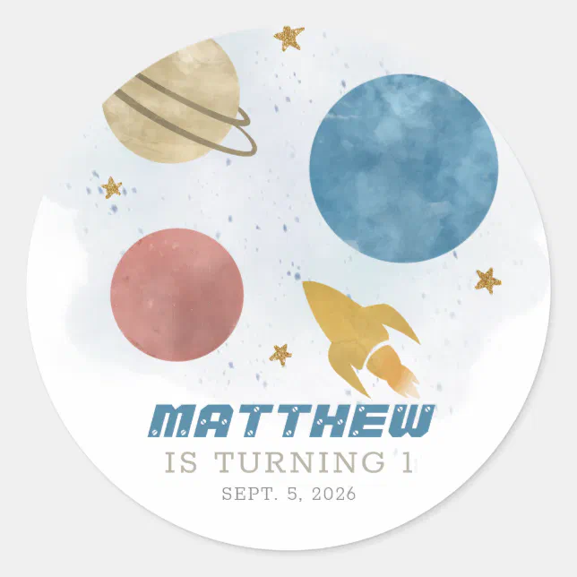 Outer Space Watercolor Planet Boys 1st Birthday Classic Round Sticker ...