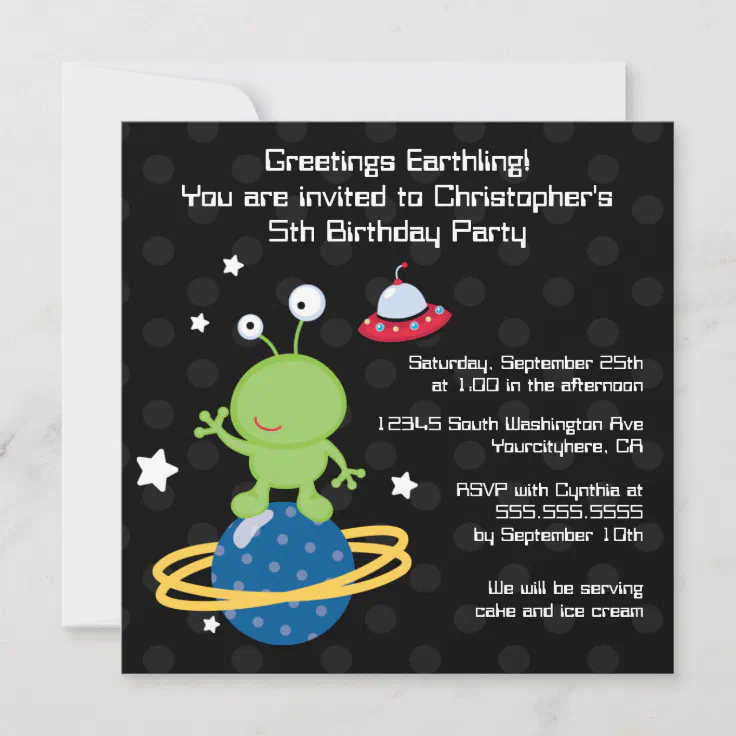 Outerspace alien boy's birthday party invitation | Zazzle