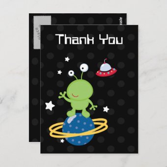 Outerspace alien boy's thank you postcard | Zazzle
