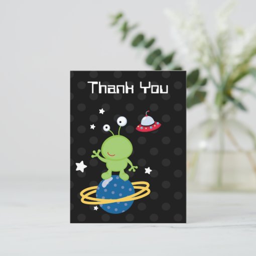 Outerspace alien boy's thank you postcard | Zazzle