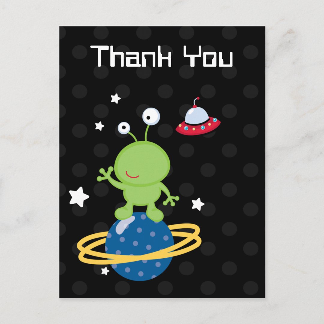 Outerspace alien boy's thank you postcard | Zazzle
