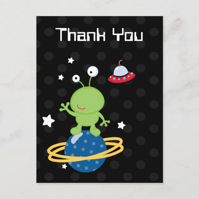 Outerspace alien boy's thank you postcard | Zazzle