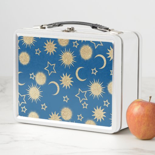 Outerspace navy blue gold glitter starry moon sun metal lunch box | Zazzle