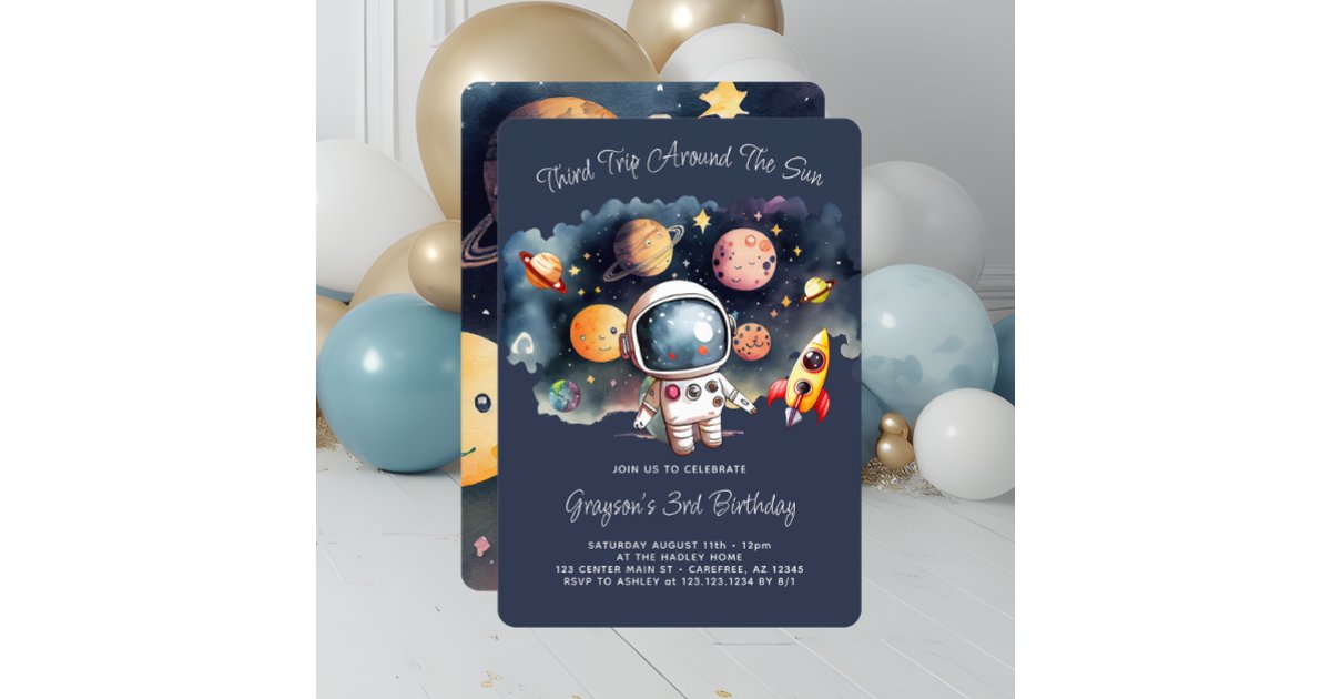 Outerspace Planets Blue 3rd Birthday Invitation | Zazzle