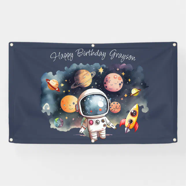 Outerspace Planets Blue Happy Birthday Banner | Zazzle