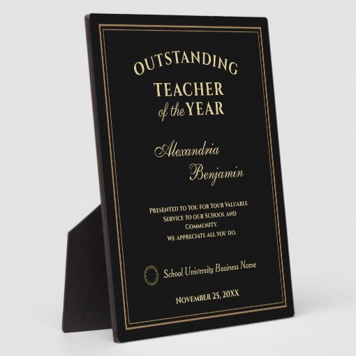 Outstanding Teacher of the Year Gold Award Plaque | Zazzle