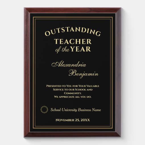 Outstanding Teacher of the Year Gold Personalize Award Plaque | Zazzle