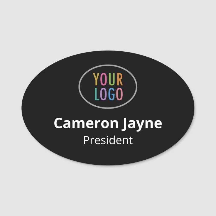 Oval Black Name Tag Magnetic or Pin Custom Logo | Zazzle