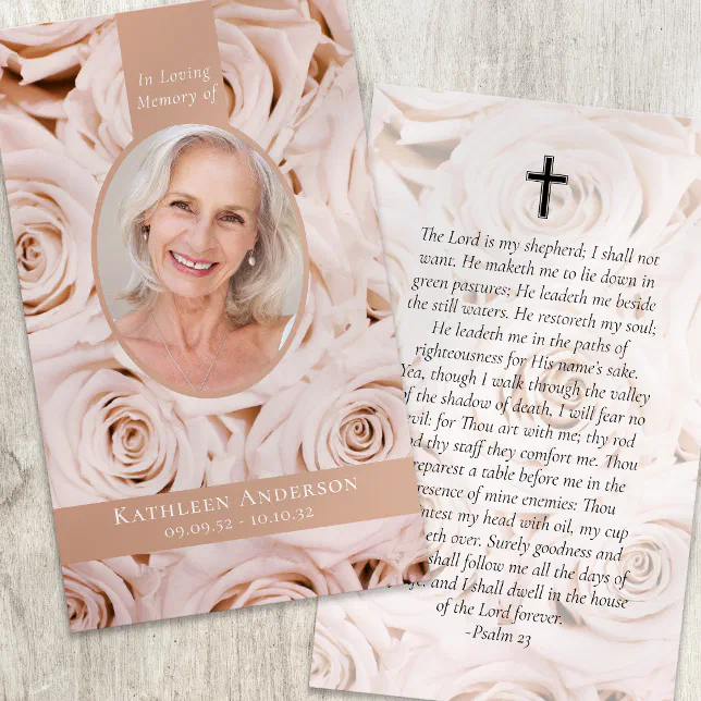 Oval Photo Pink Roses Memorial Prayer Card | Zazzle