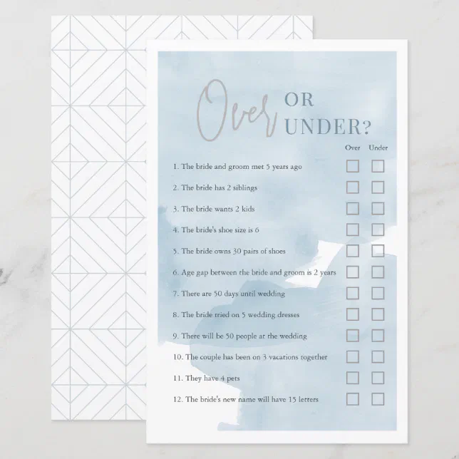 Over or Under Bue Sky Bridal Shower Game | Zazzle
