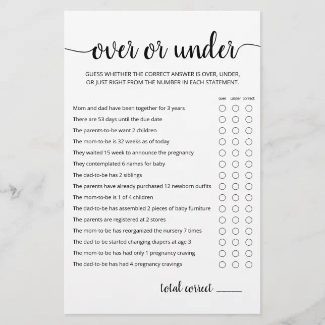 Over or Under Game Baby Shower party game | Zazzle