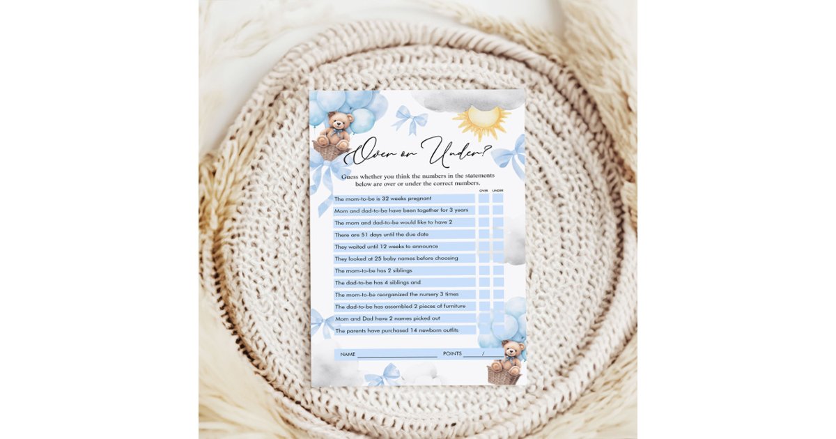 Over or Under Game, Bear Baby Shower Game | Zazzle