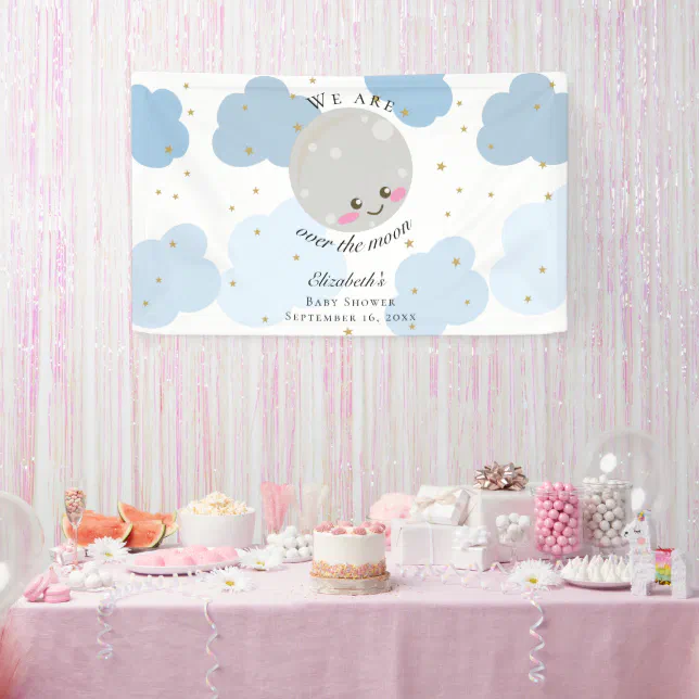 Over the Moon Baby Shower Blue Cute Backdrop Banner | Zazzle