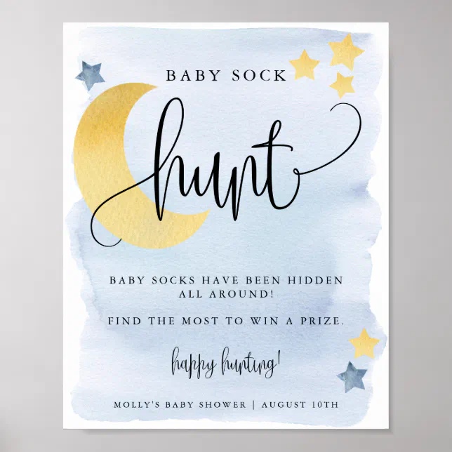Over the Moon, Blue Baby Shower Sock Hunt Game Poster | Zazzle