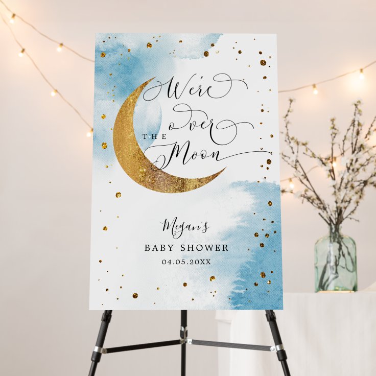 Over The Moon Blue Gold Baby Shower Welcome Sign | Zazzle
