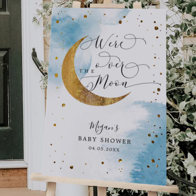 Over The Moon Blue Gold Baby Shower Welcome Sign | Zazzle