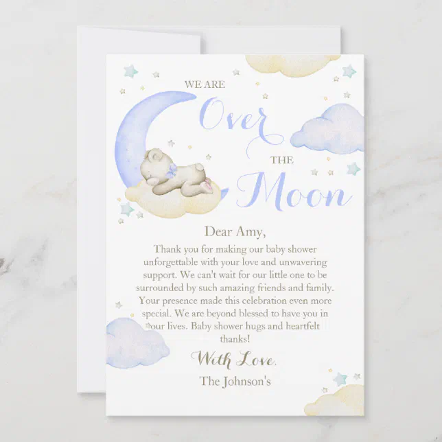 Over The Moon Boy Bear Baby Shower Thank You Card | Zazzle