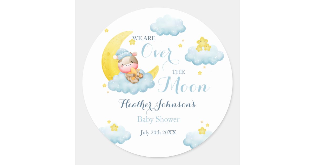 Over The Moon Boy Cow Baby Shower Classic Round Sticker | Zazzle