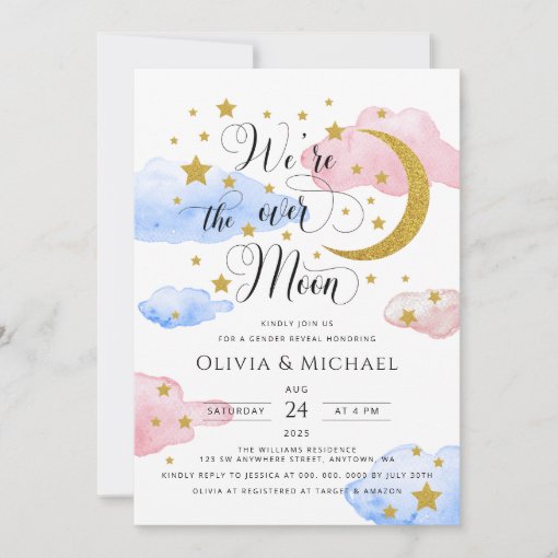 Over The Moon Gender Reveal Pink and Blue Invitation | Zazzle