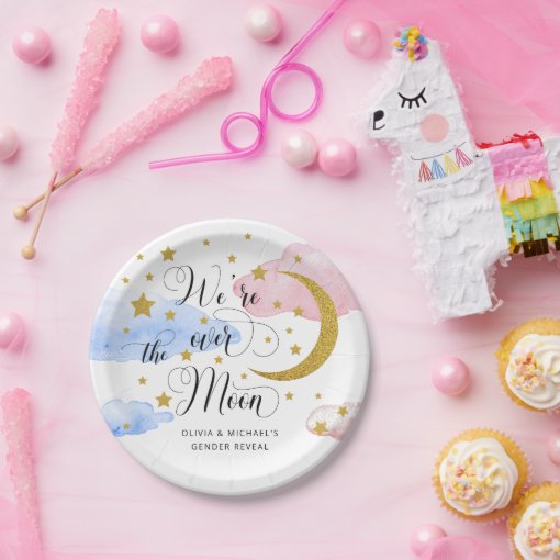 Over the Moon Gender Reveal Pink and Blue Paper Plates | Zazzle