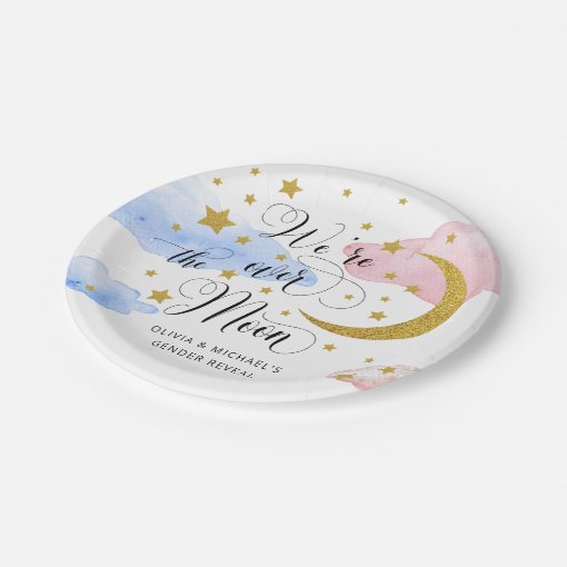 Over the Moon Gender Reveal Pink and Blue Paper Plates | Zazzle